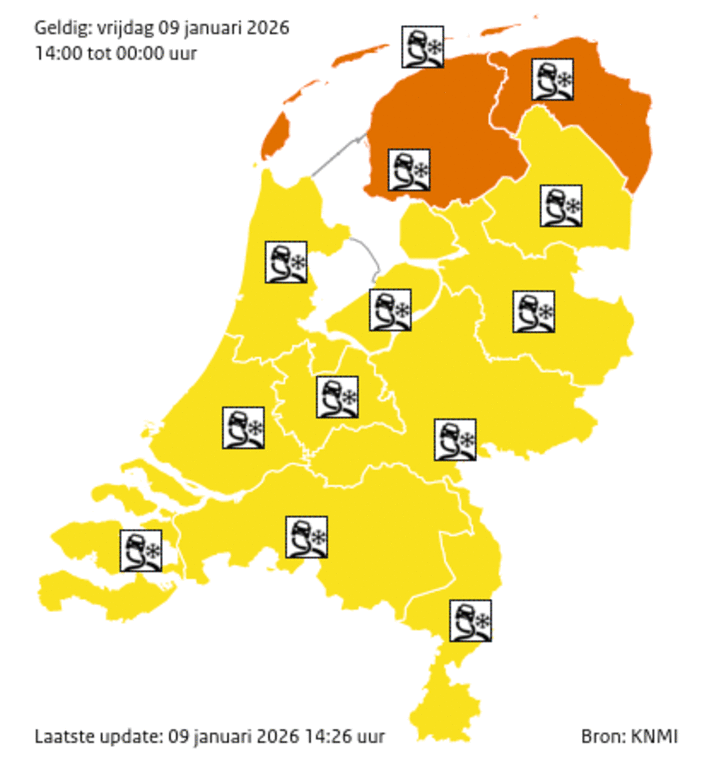KNMI - Code oranje voor sneeuwjacht op 9 en 10 januari 2026